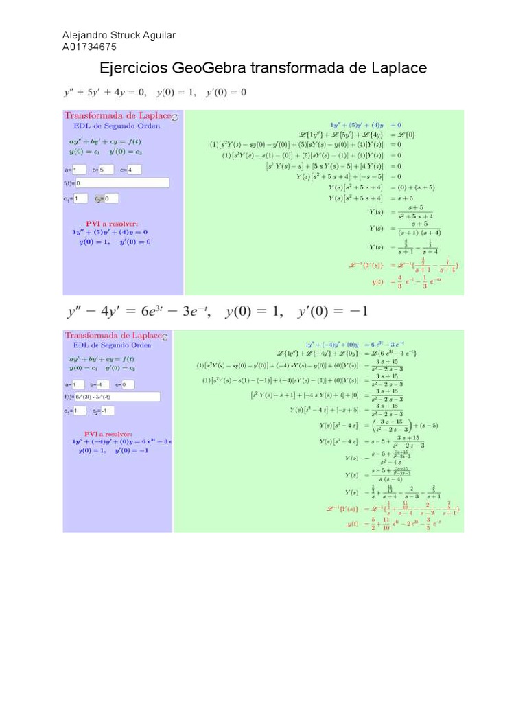Ejercicios Geogebra Transformada de Laplace: Alejandro Struck Aguilar A01734675 | PDF