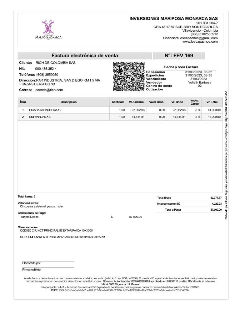 Factura Electrónica de Venta N°: FEV 169: Fecha y Hora Factura Cliente ...