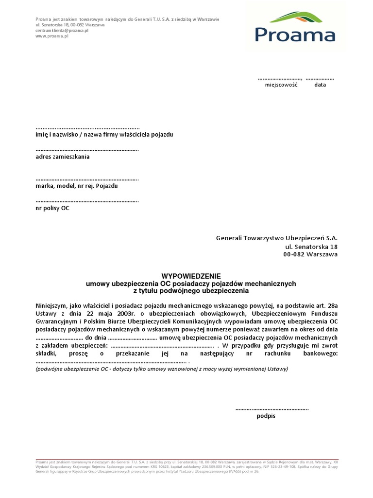 Wypowiedzenie Umowy Ubezpieczenia Oc Z Art 28a | PDF