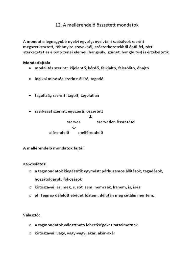 A Mellérendelő Összetett Mondatok | PDF