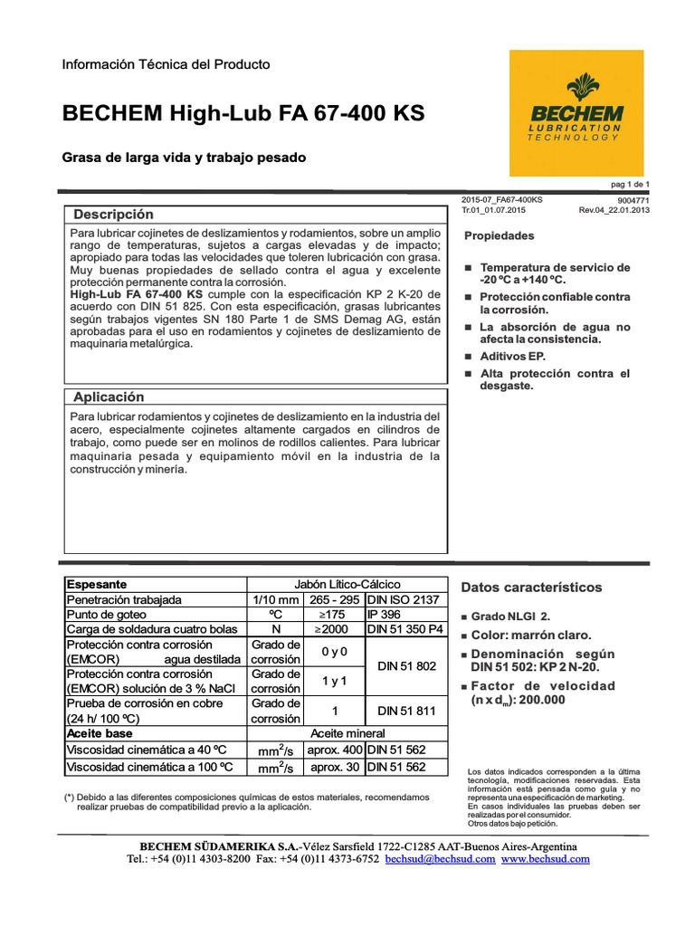PDS Bechem High-Lub FA 67-400 KS 9004771 (Es) | PDF | Rodamiento (Mecánico) | Materiales