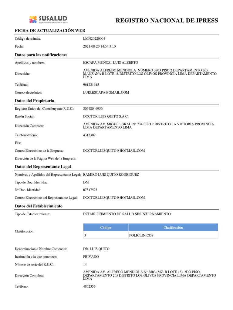 Registro Nacional de Ipress: Ficha de Actualización Web | PDF | Radiología | Laboratorio médico