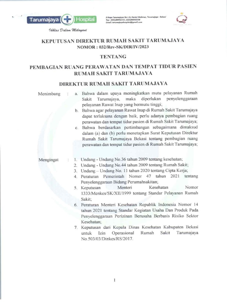 SK Pembagian Ruang Keperawatan & Tempat Tidur Pasien RSTJ | PDF