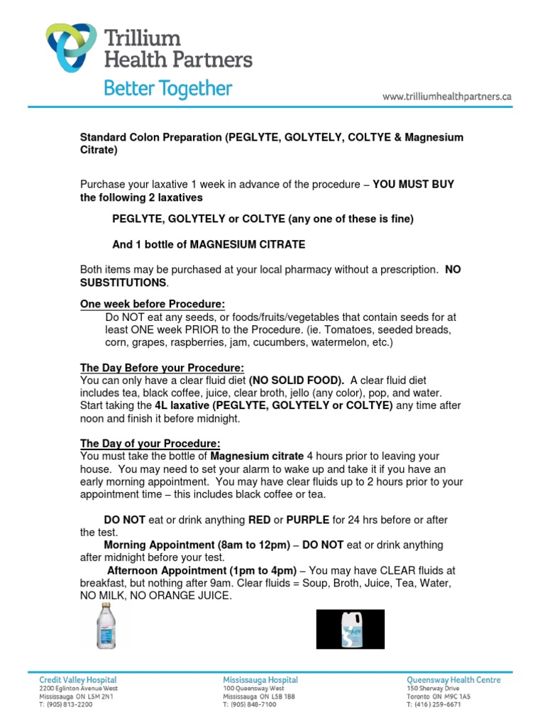 Standard Colo Preparation PEGLYTE GOLYTELY COLTYE and Magnesium Citrate ...