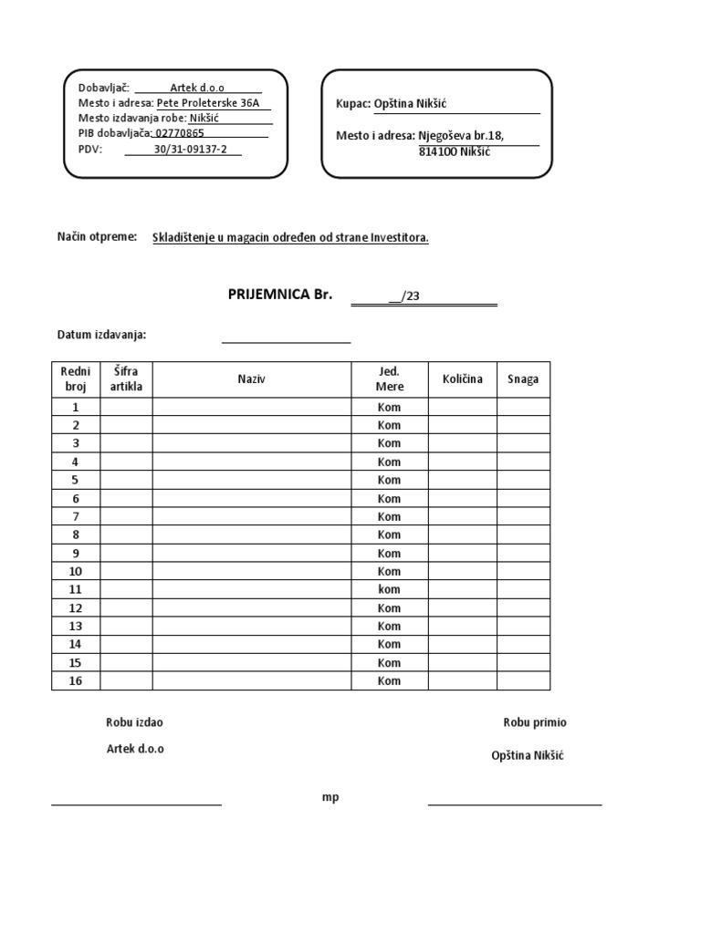 Prijemnica - Primjer Artek - Opština NK | PDF