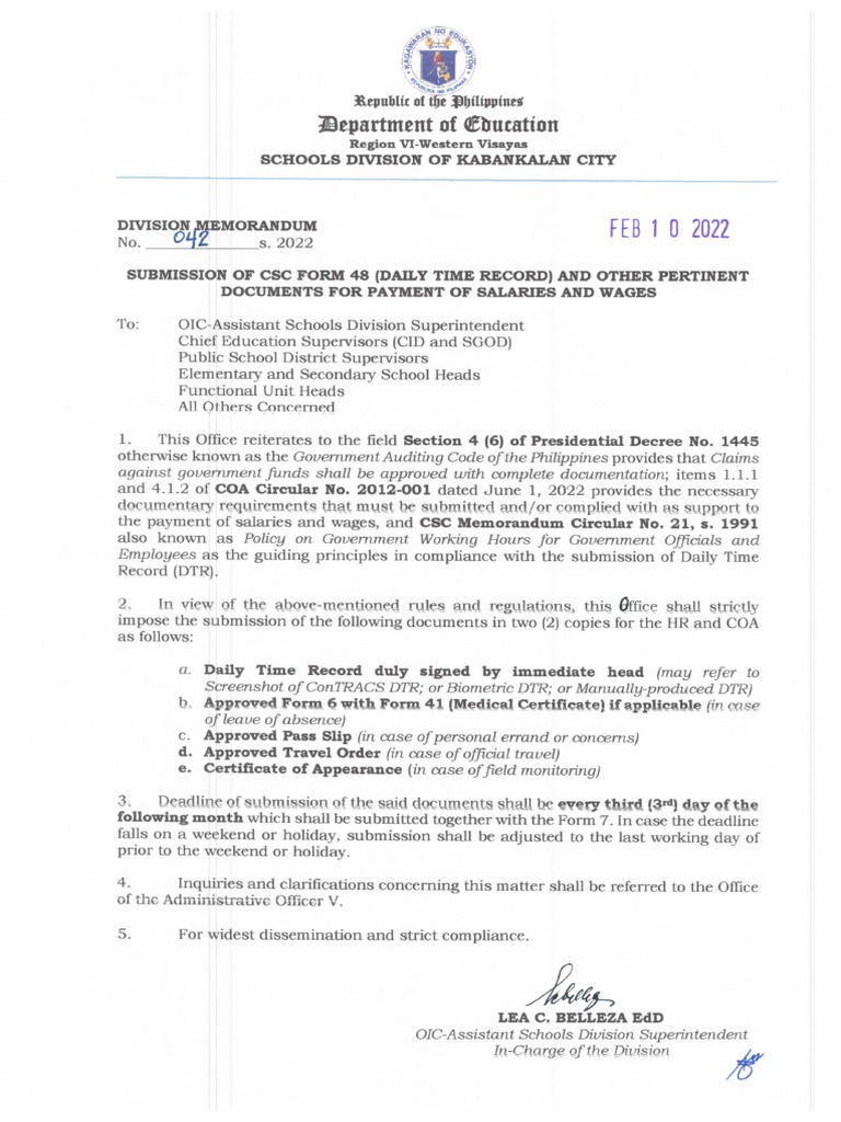 Division Memorandum No. 042 S. 2022 Submission of CSC Form 48 Daily ...