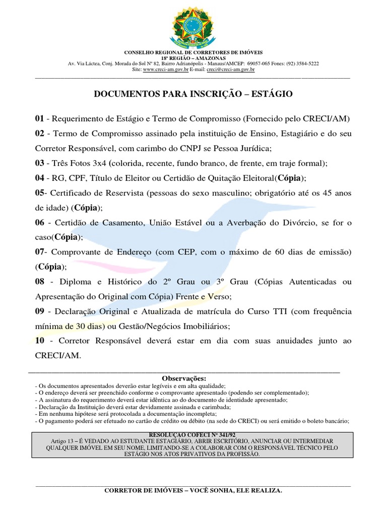Documentos para Estágio no CRECI-AM | PDF | Carreira e Crescimento | Direito