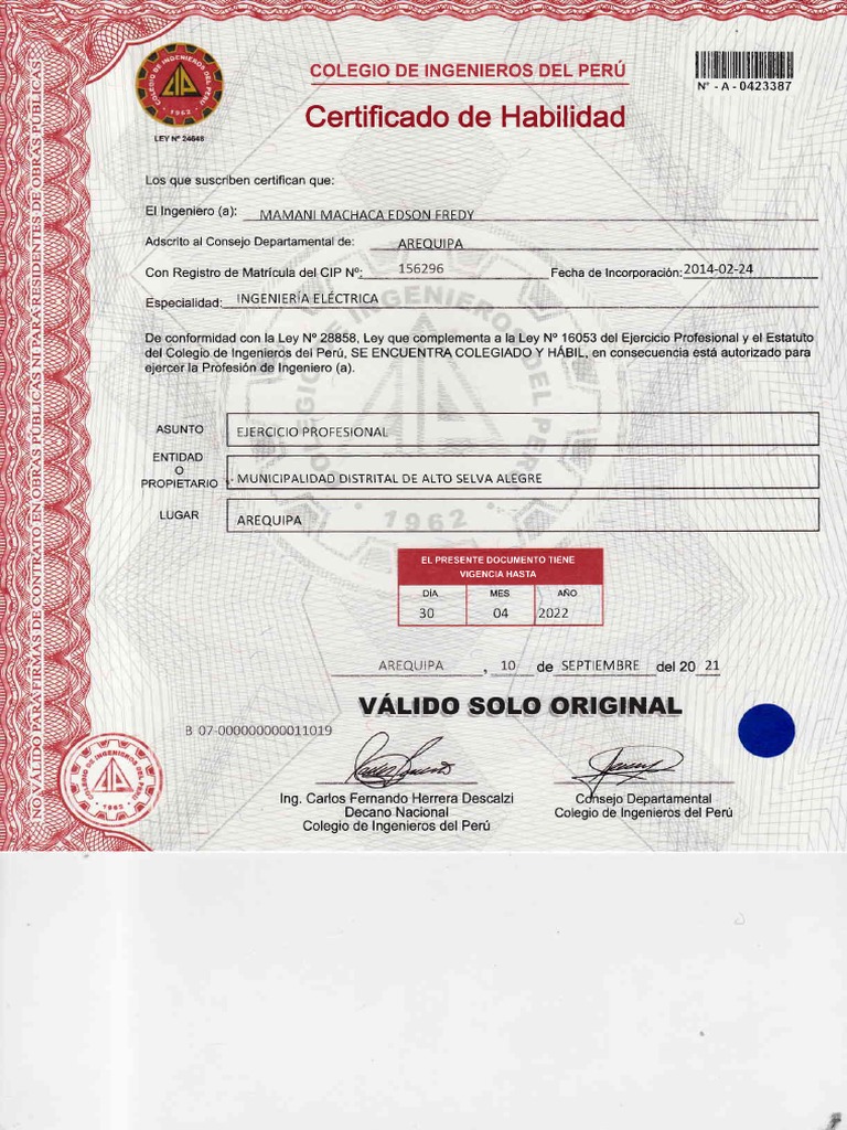Certificado Habilidad: Válido Original | PDF