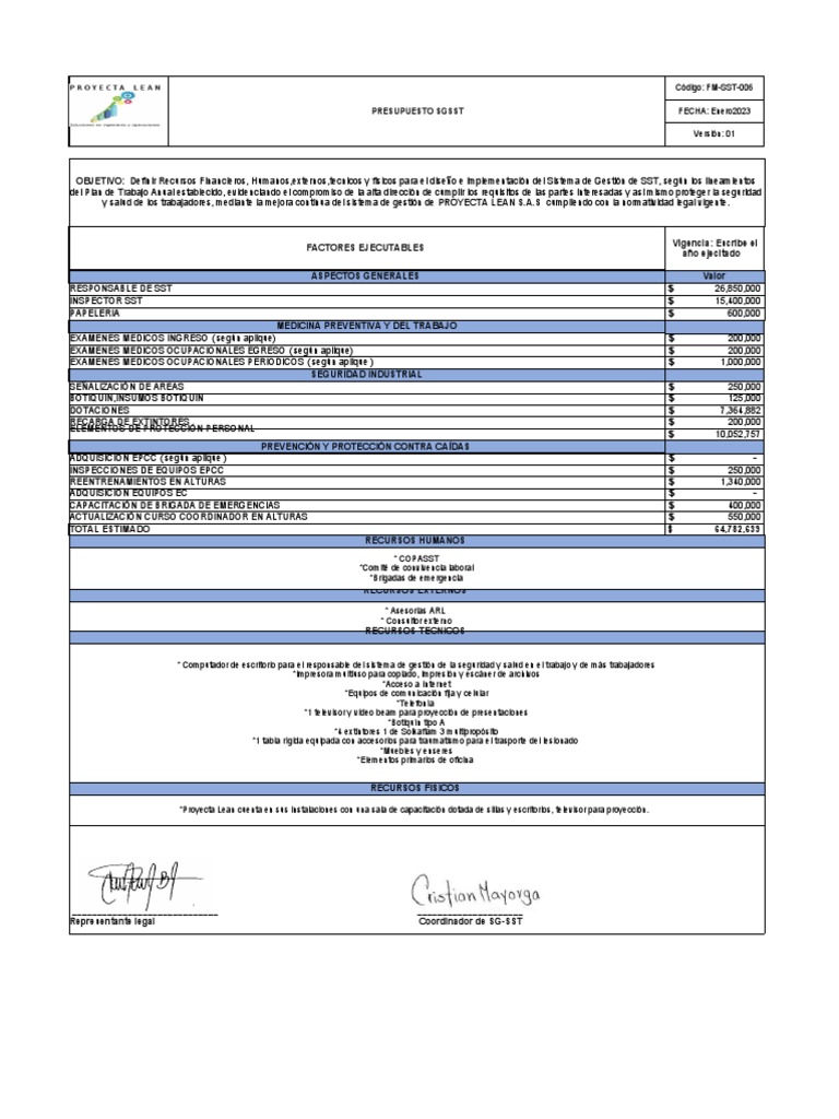 FM-SST-006 Presupuesto SG-SST | PDF