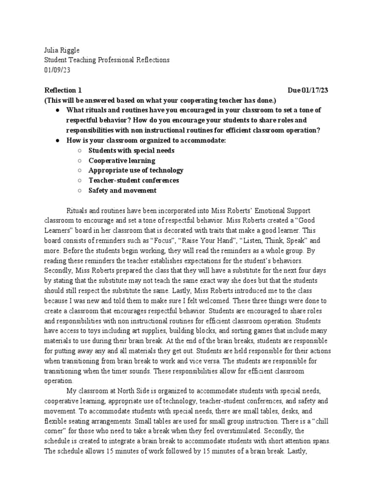 Student Teaching Professional Reflections 2023-2 | PDF | Lesson Plan | Classroom