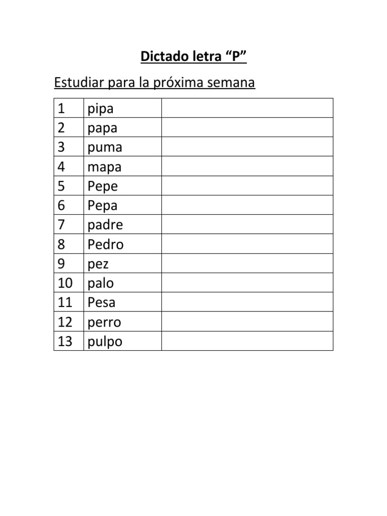 Estudiar para La Próxima Semana 1 Pipa 2 Papa 3 Puma 4 Mapa 5 Pepe 6 ...