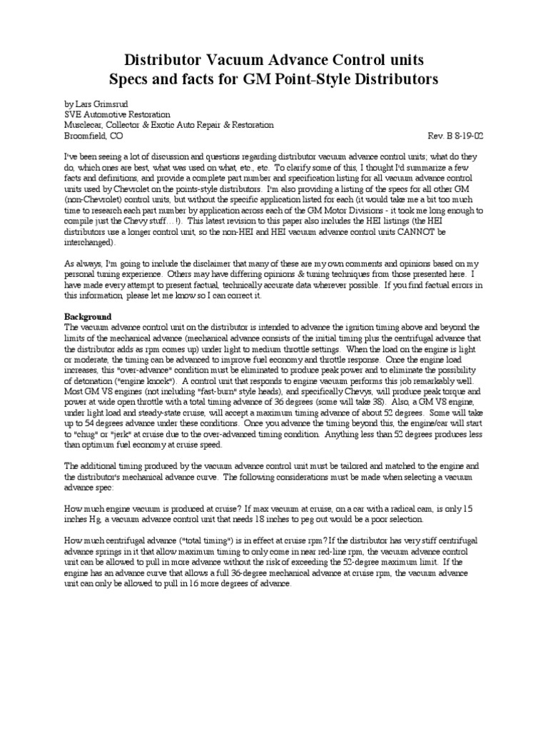 Distributor Vacuum Advance Control Units Specs and Facts For GM Point ...