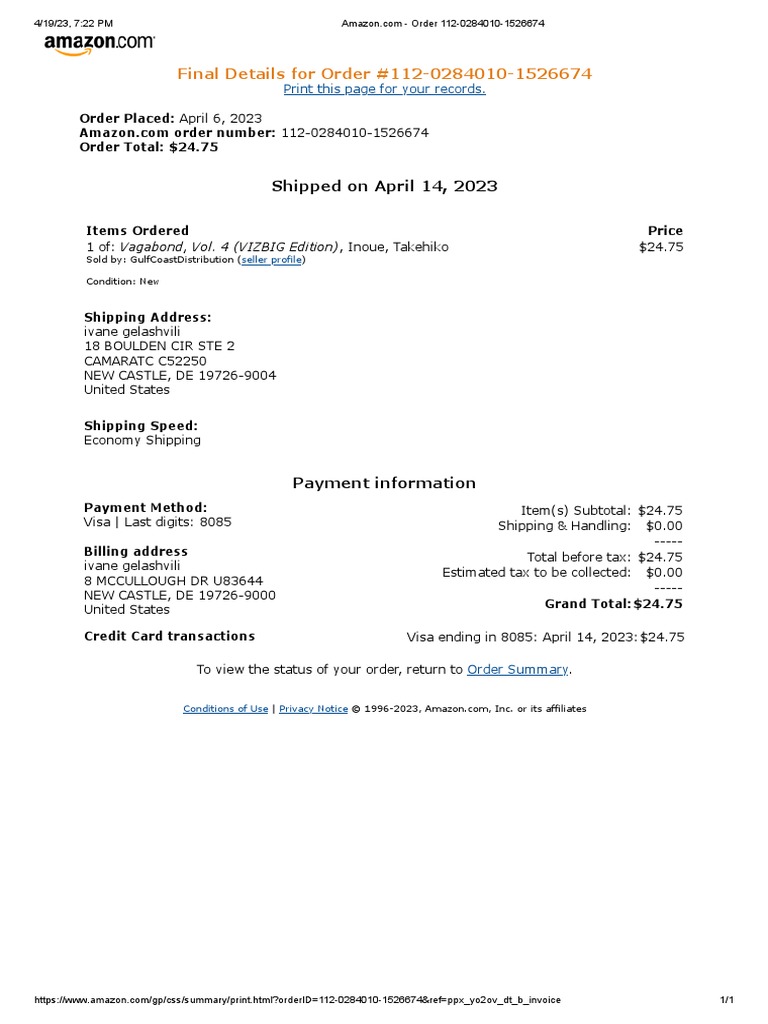 Order 112-0284010-1526674 | PDF | Visa Inc. | Trade