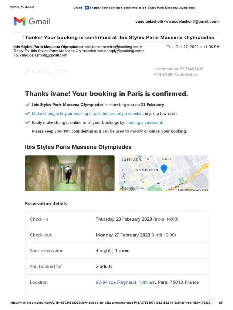 Gmail - ? Thanks! Your Booking Is Confirmed at Ibis Styles Paris ...