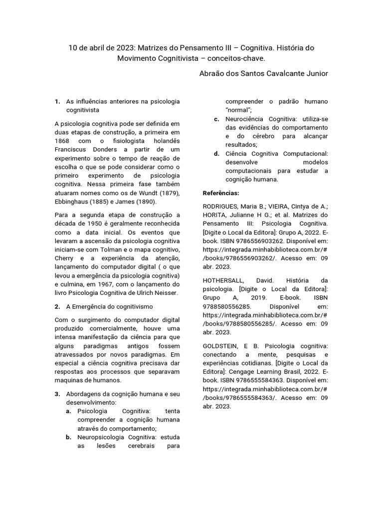 História do Movimento Cognitivista | PDF | Psicologia | Psicologia ...