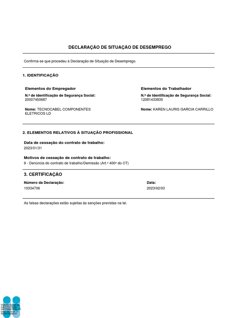 Declaração de Situação de Desemprego | PDF