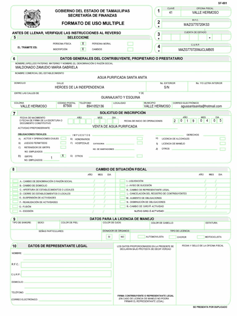 Formato SF-001 para Trámites Fiscales | PDF | Certificado de nacimiento ...