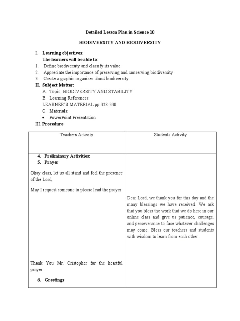 Biodiversity Lesson Plan for Grade 10 | PDF