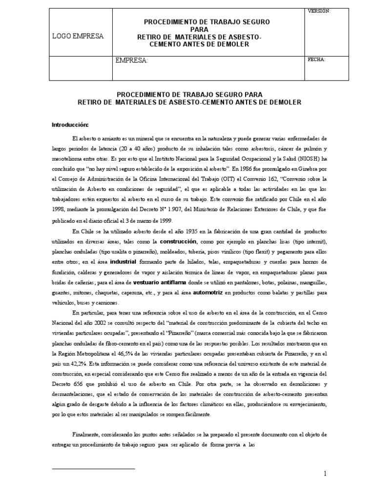 Logo Empresa Empresa:: Procedimiento de Trabajo Seguro para Retiro de Materiales de Asbesto ...