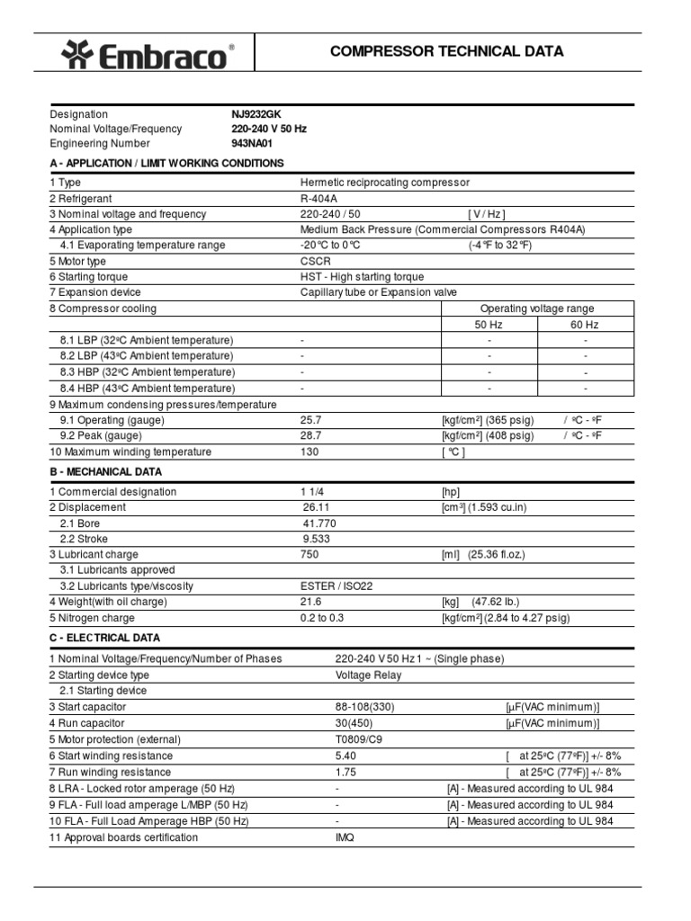 Compressor Technical Data: NJ9232GK 220-240 V 50 HZ 943NA01 A - Application / Limit Working ...