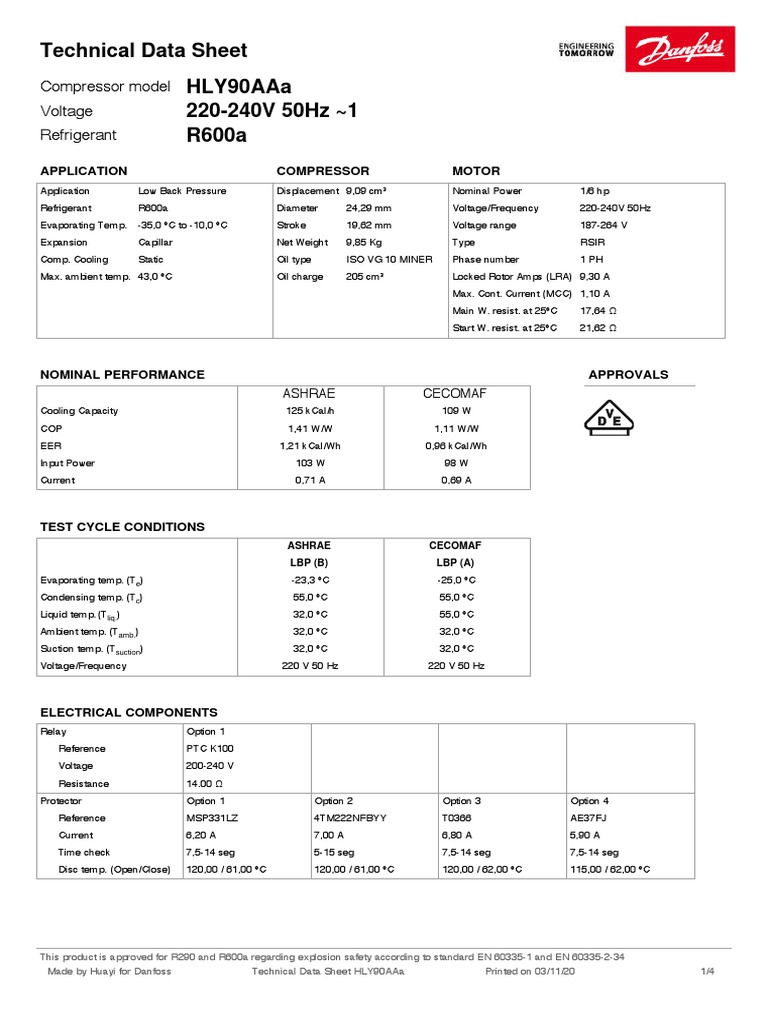 Technical Data Sheet Hly90Aaa 220-240V 50Hz 1 R600A: Compressor Model ...