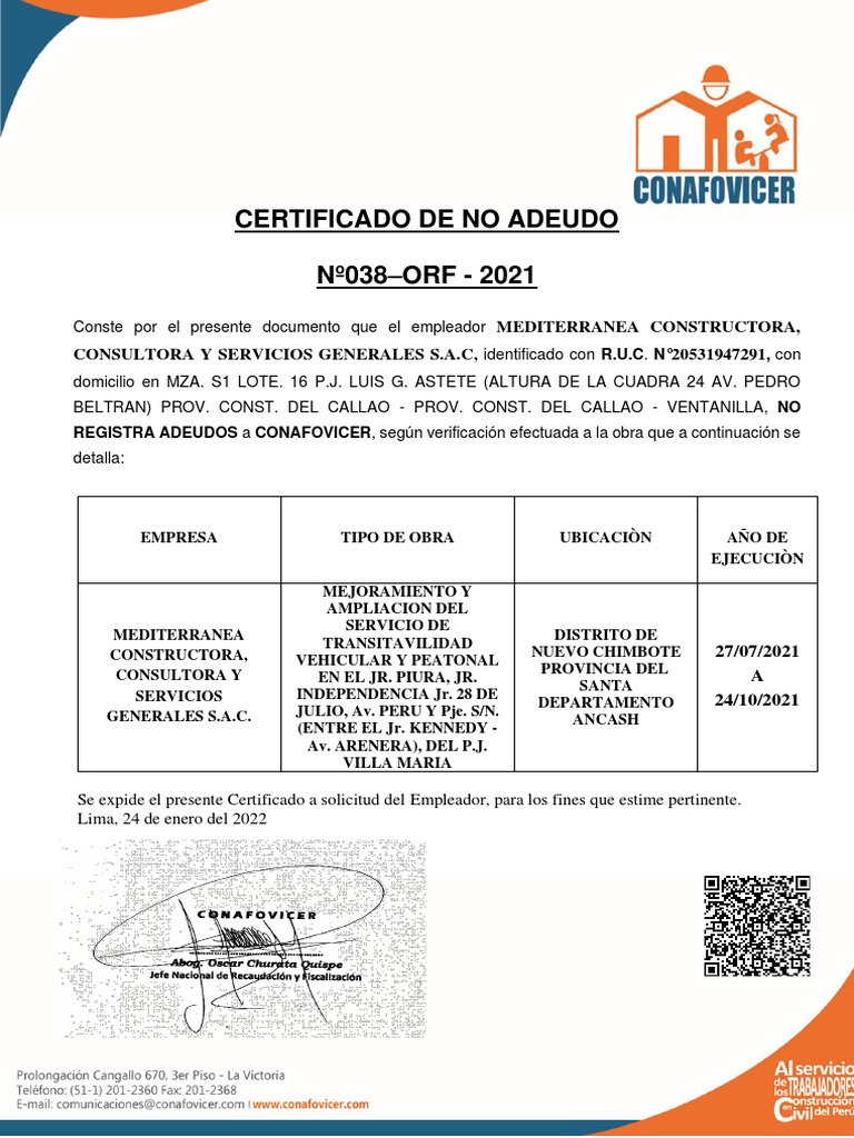 Certificado de No Adeudar 000038 - 20531947291 - Mediterranea Constructora, Consultora y ...