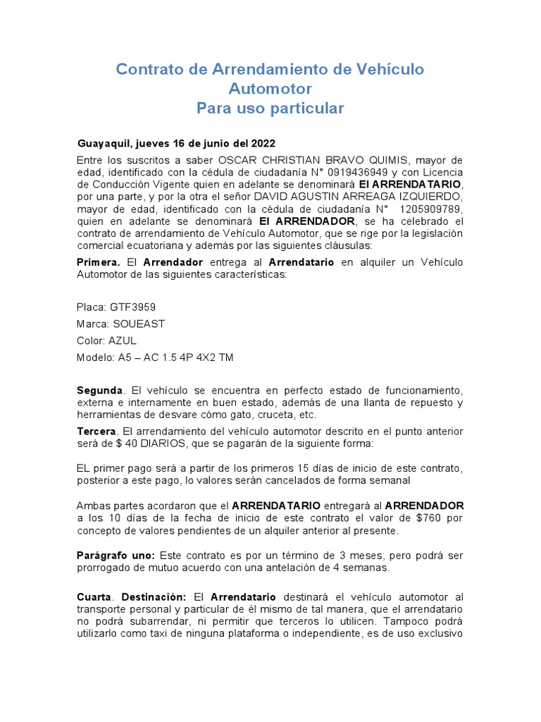 Contrato - de - Arrendamiento - de - Vehiculo 2 | PDF