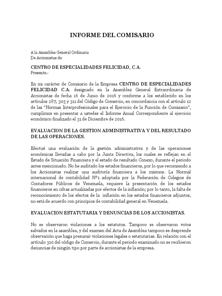 Informe Del Comisario Para Presentar Estados Financieros Pdf