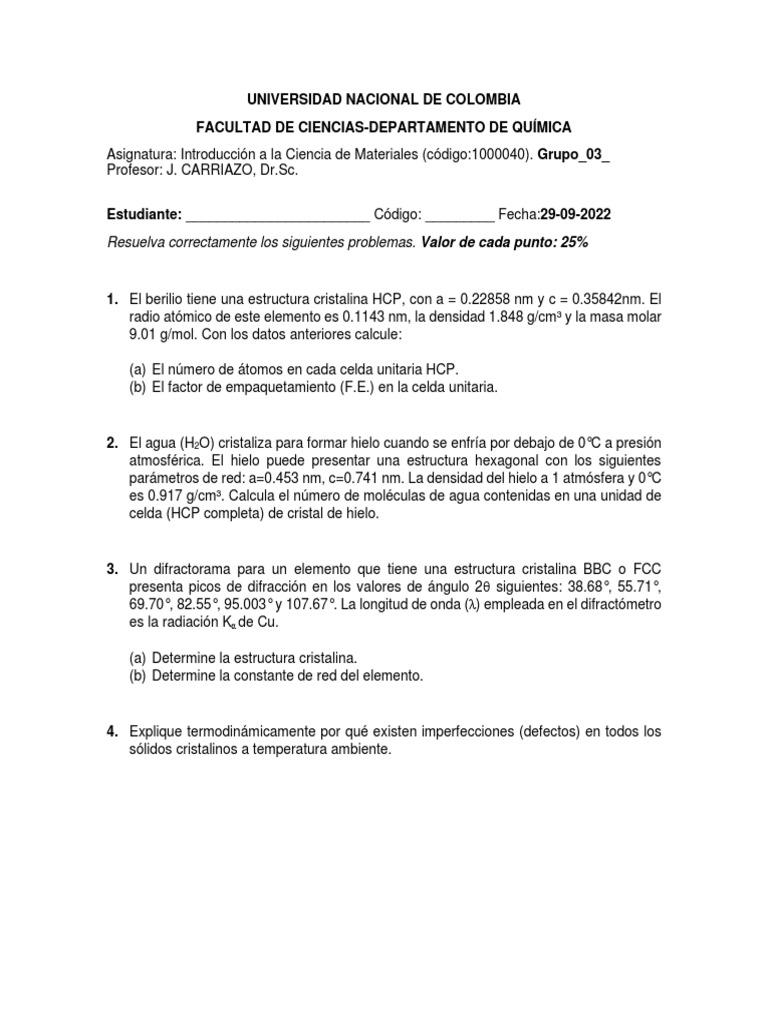 Parcial 1 - Ciencia de Materiales - 2022 - 2 | PDF