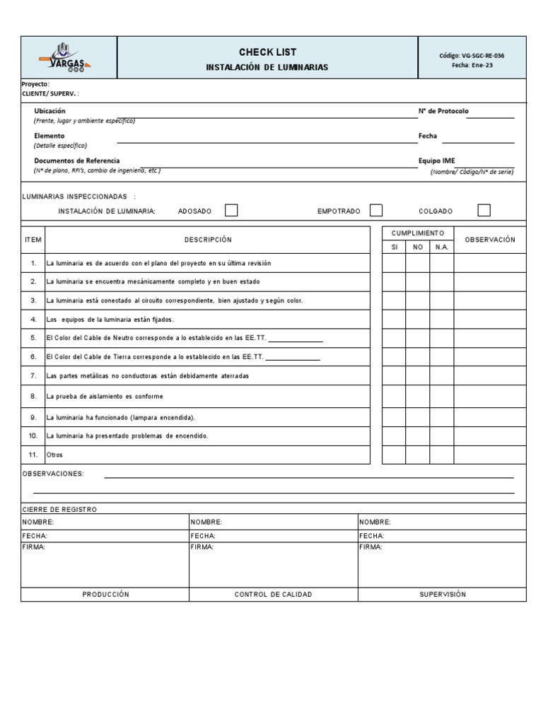 Check List: Instalación de Luminarias | PDF | Ingenieria Eléctrica