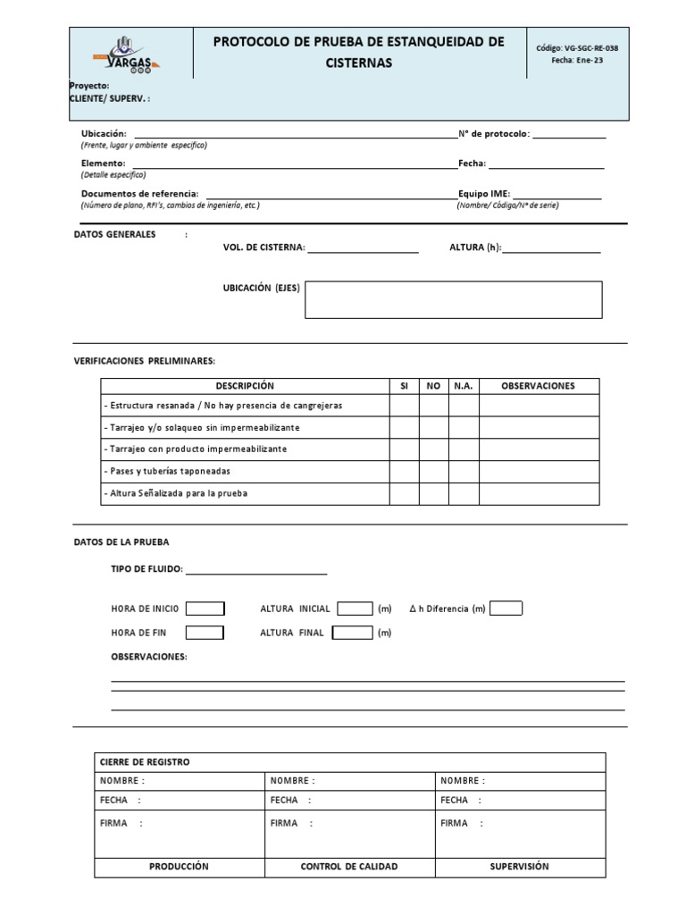 Protocolo de Prueba de Estanqueidad de Cisternas: (Frente, Lugar y Ambiente Especifico) | PDF