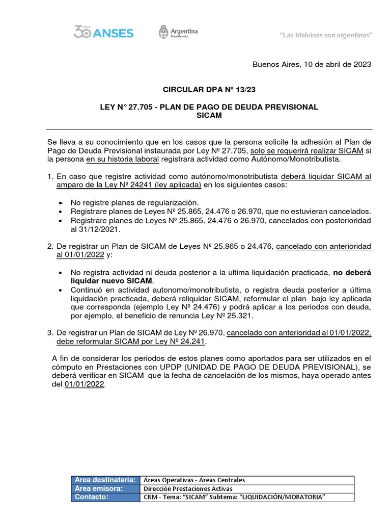 Circular Dpa #13/23 Ley #27.705 - Plan de Pago de Deuda Previsional Sicam | PDF