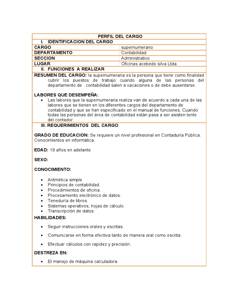 Perfil Del Cargo (Supernumerario Contable) | PDF