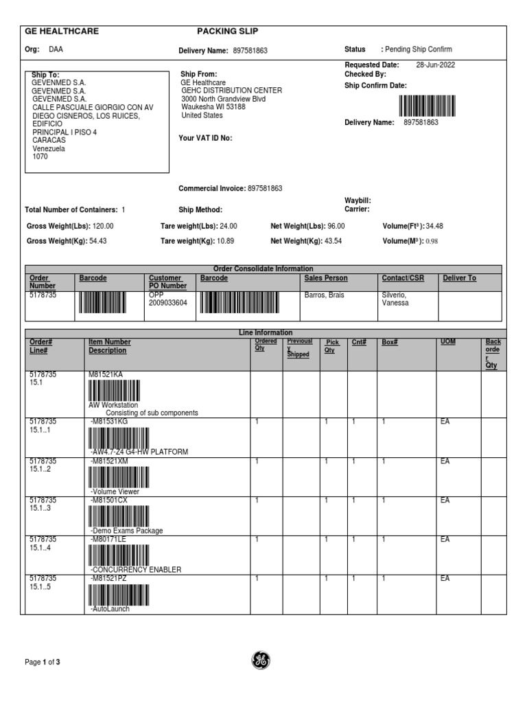 Ge Healthcare Packing Slip: CNT Box UOM Back Orde R | PDF | Business