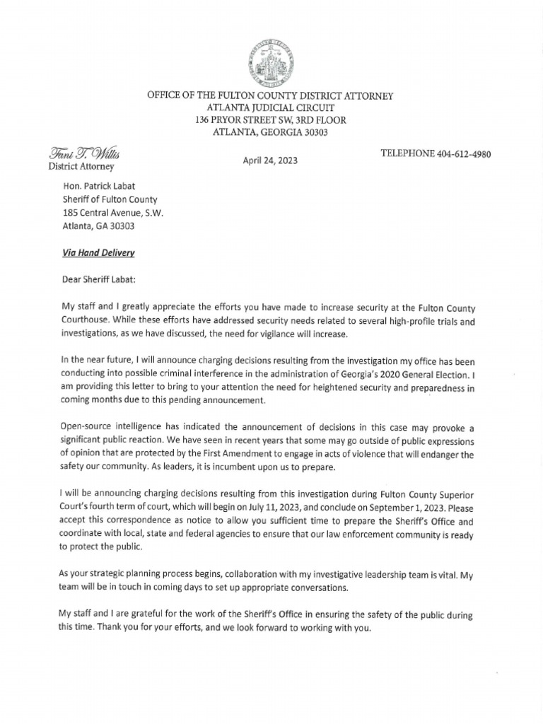 Letter To Fulton County Sheriff 4 24 23 Pdf Sheriff Justice