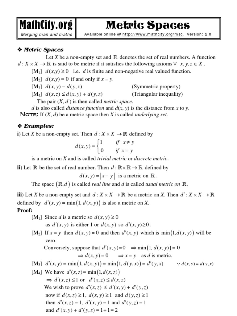 Metric Spaces V2 Pdf Metric Space Metric Mathematics