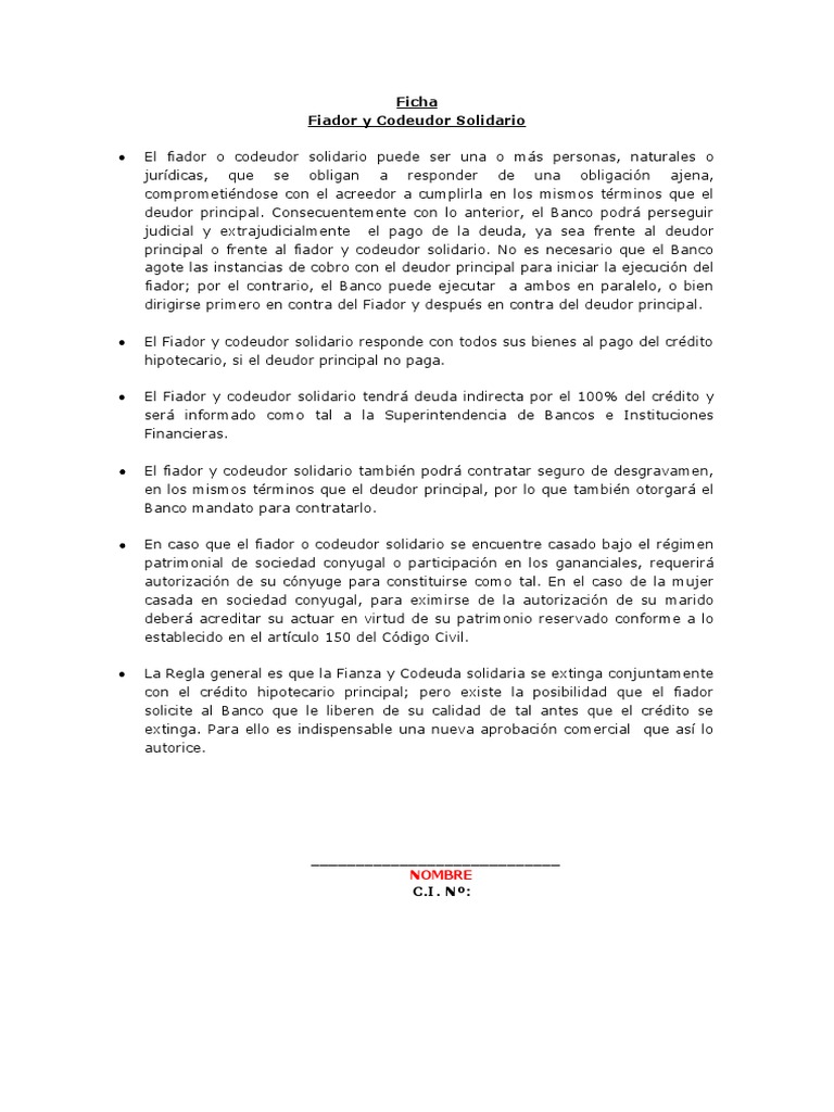 FICHA Fiador y Codeudor Solidario | PDF