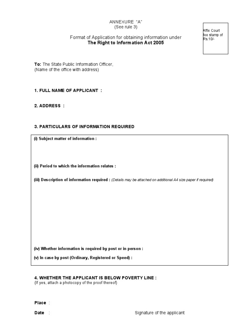 RTI Application Form Template | PDF | Law