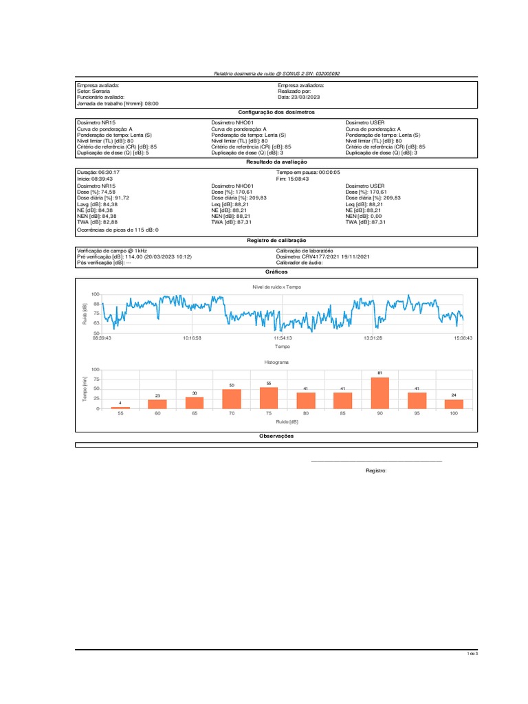 Relatório Dosimetria de Ruído at SONUS 2 SN: 032005092 | PDF | Barulho | Som