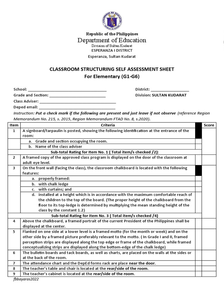 Esp Classroom Structuring Monitoring Sheet For G1 G6 | PDF | Rubric ...
