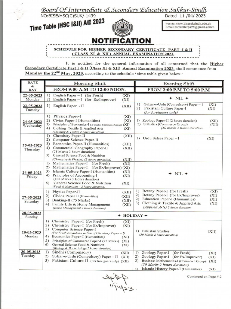 Schedule HSC Annual Examination 2023 | PDF