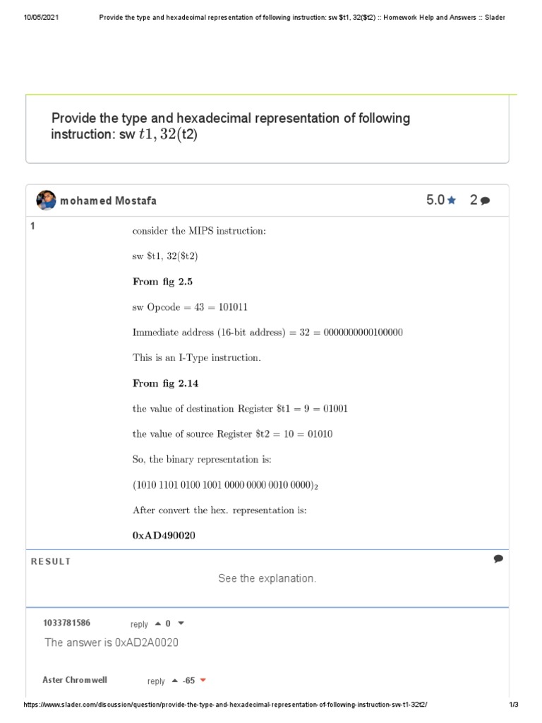 Provide The Type and Hexadecimal Representation of Following ...
