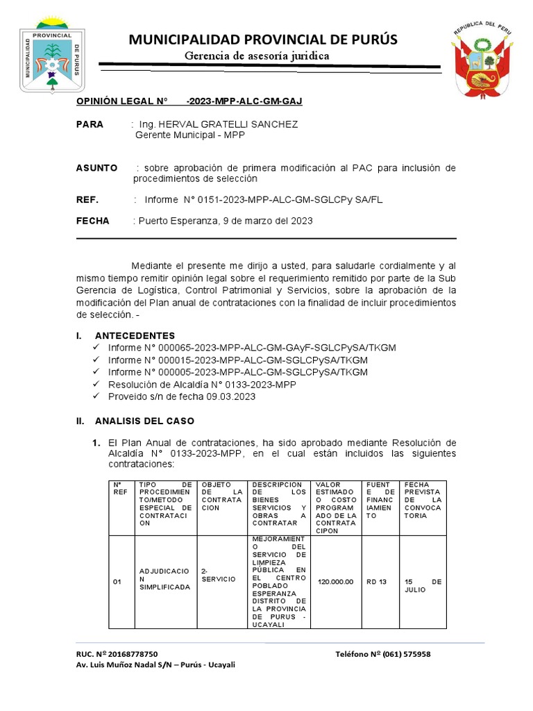 Modificación PAC Purús 2023: Inclusión Procedimientos | PDF | Nutrición ...