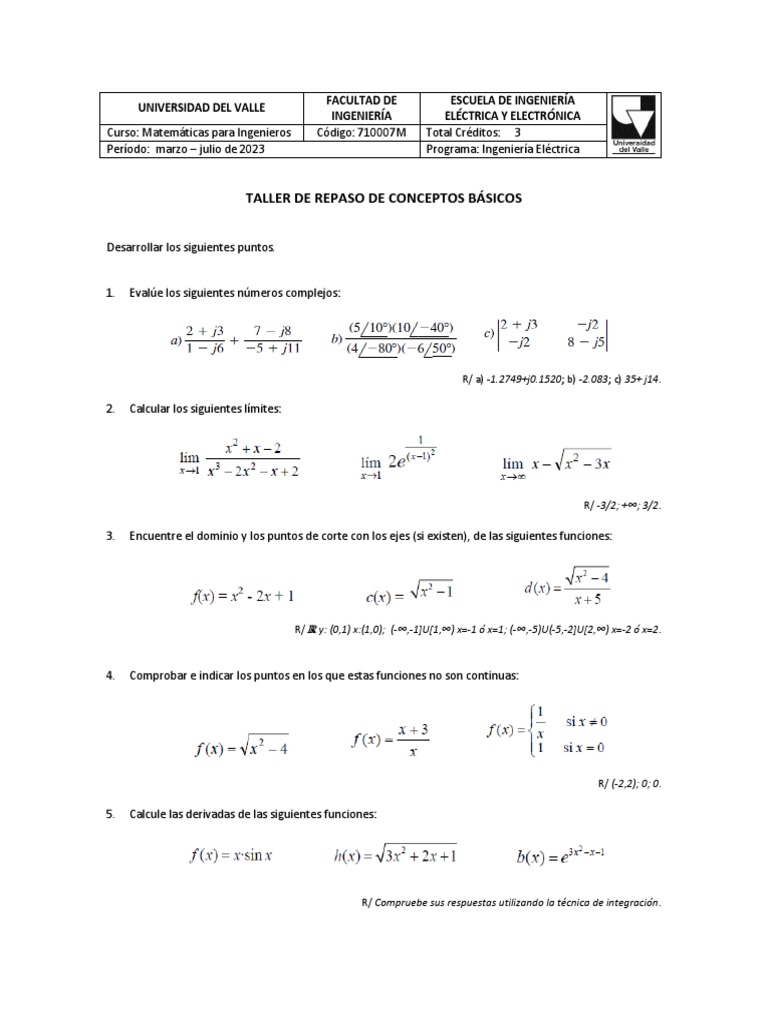 Taller de Repaso de Conceptos Básicos | PDF | Integral | Ingeniería