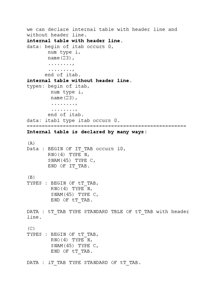 Declare Internal Table | PDF | C (Programming Language) | Pl/Sql