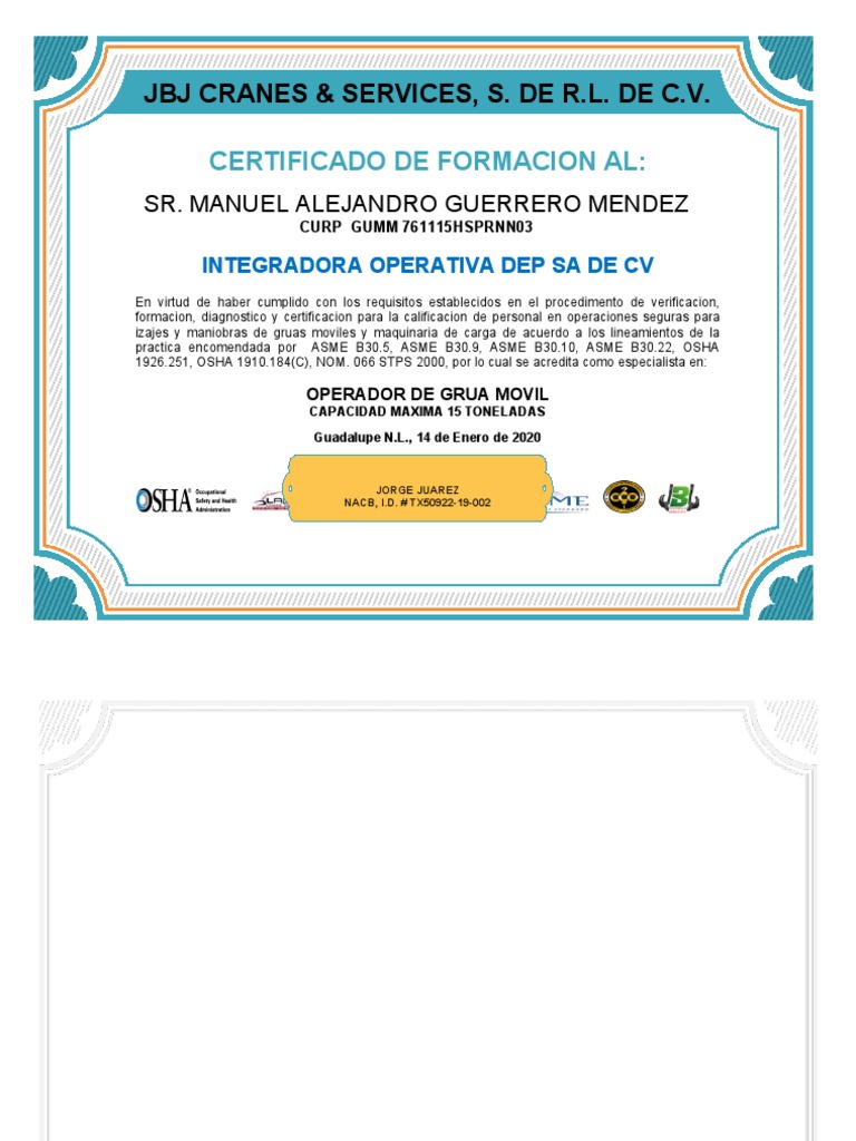 JBJ Cranes & Services, S. de R.L. de C.V.: Certificado de Formacion Al | PDF