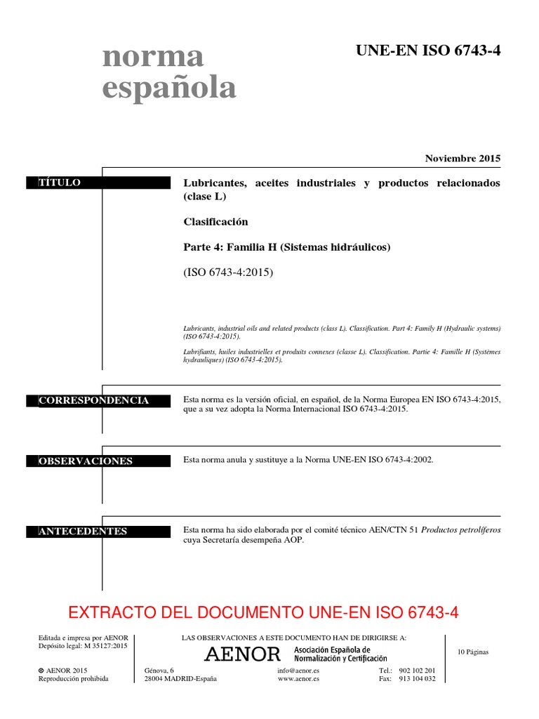 Clasificación ISO 6743-4: Sistemas Hidráulicos | PDF