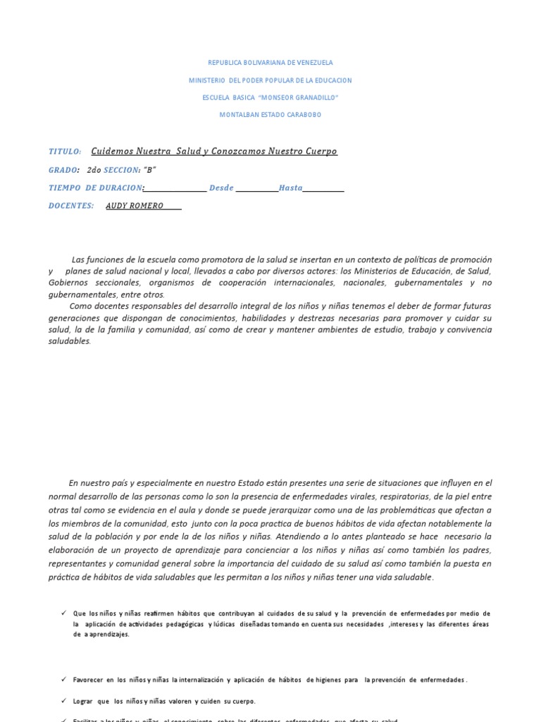 Planificacion Cuidemos Nuestra Salud y Conozcamos Nuestro Cuerpo | PDF ...