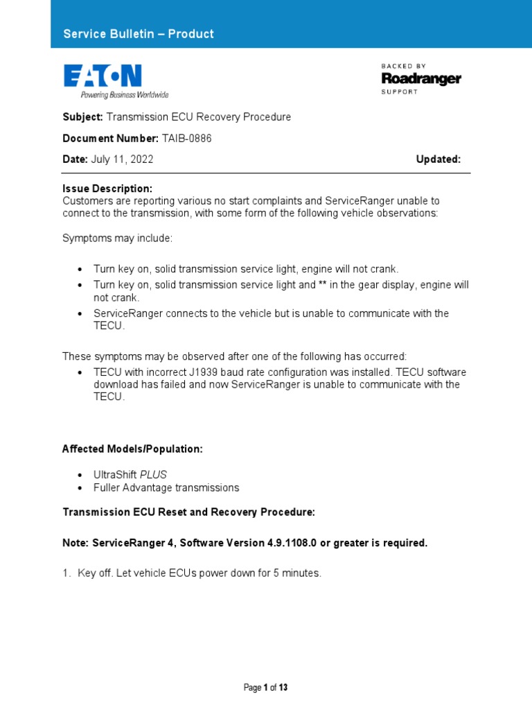 Ultrashift Plus and Fuller Advantage Transmission Ecu Recovery ...