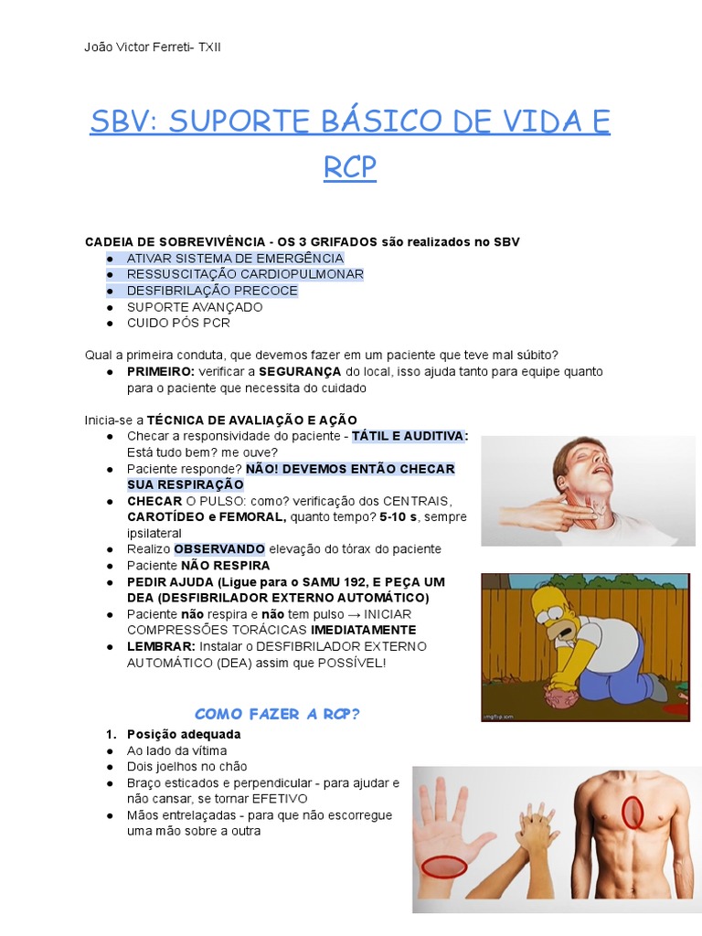 SBV - Suporte Básico de Vida e RCP | PDF | Reanimação cardiopulmonar ...